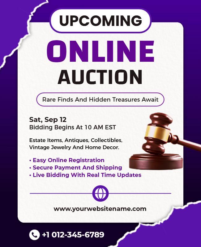 Vibrant Purple Online Auction for Antiques and Collectibles Flyer Template