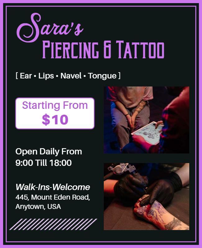 Vibrant Purple Tattoo and Piercing Studio Promotion Poster Template