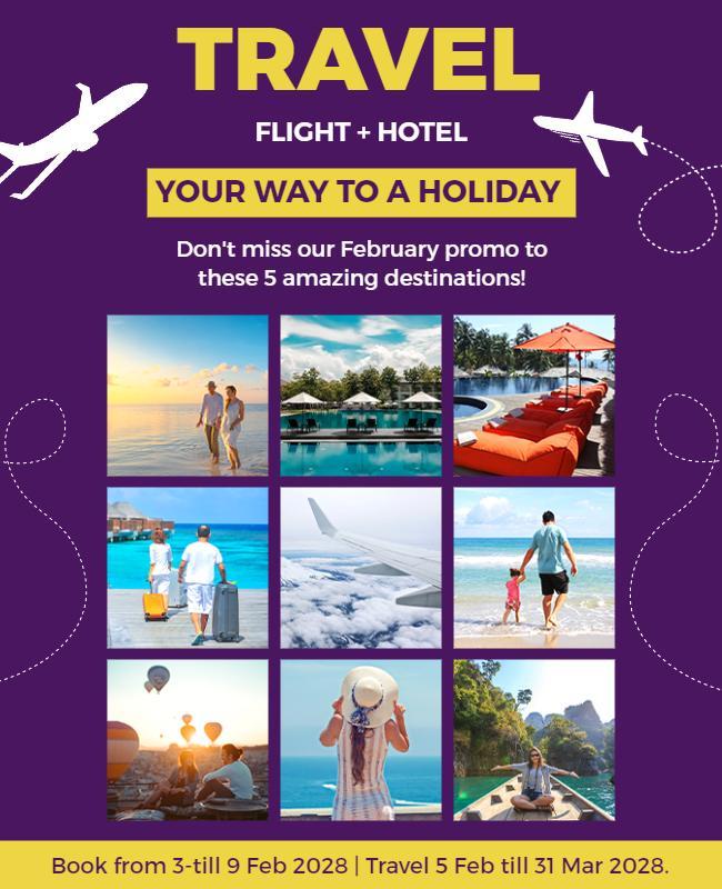Vibrant Purple Travel Flight and Hotel Promo Poster Template