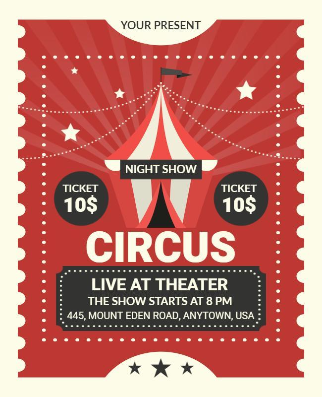 Vibrant Red Circus Night Show Event Ticket Poster Template