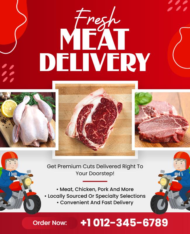Vibrant Red Fresh Meat Delivery Service Flyer Template