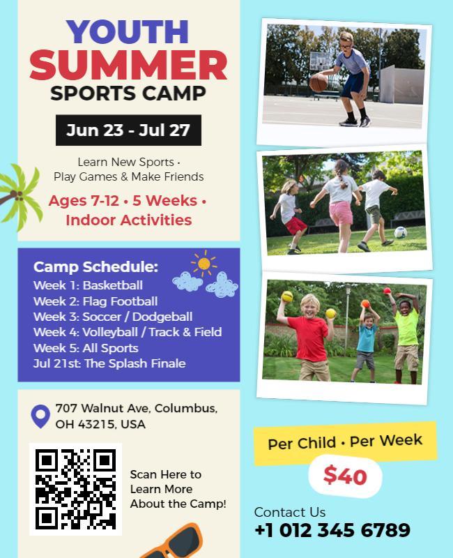 Vibrant Youth Summer Sports Camp Outdoor Activities Poster Template