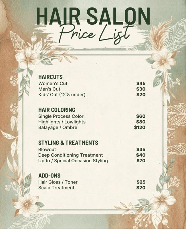Vintage Botanical Hair Salon Services Price List Flyer Template