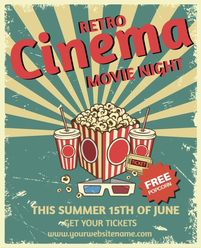 Vintage Retro Cinema Movie Night with Free Popcorn Poster Template