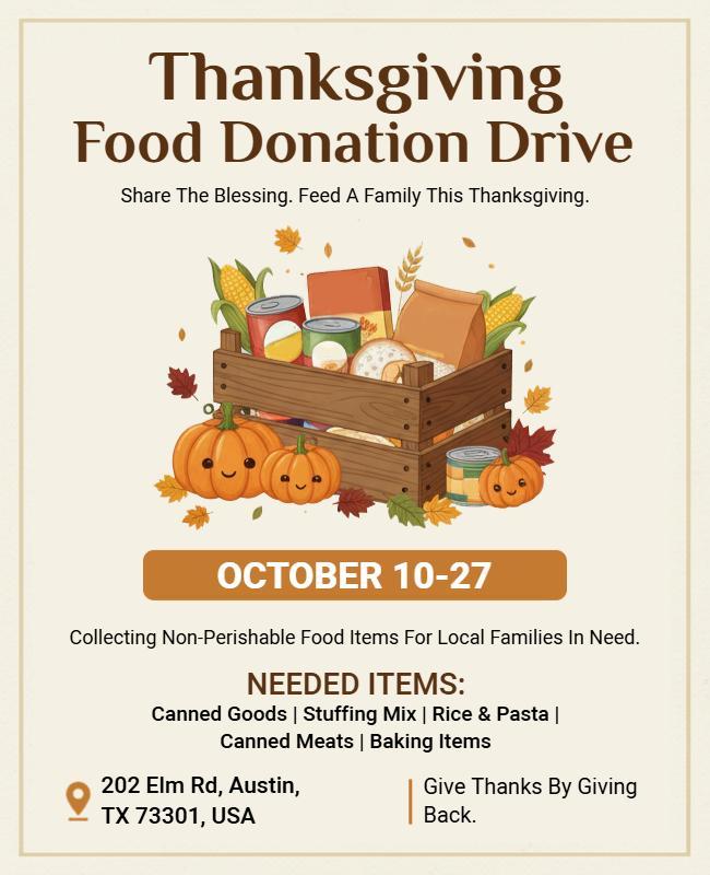 Warm Autumn Harvest Thanksgiving Charity Drive Flyer Template