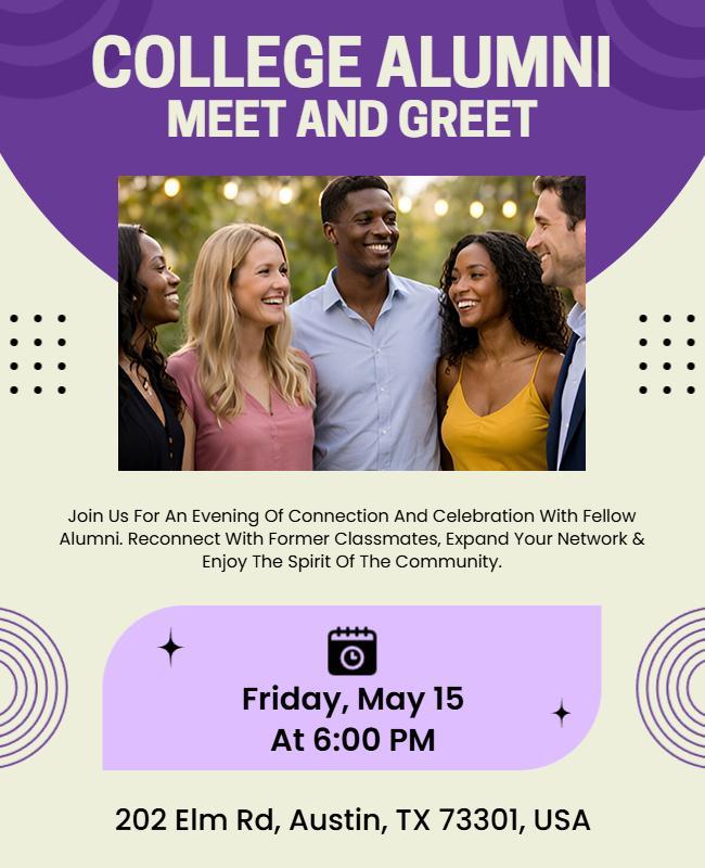 Welcoming Purple Social Networking Alumni Gathering Flyer Template