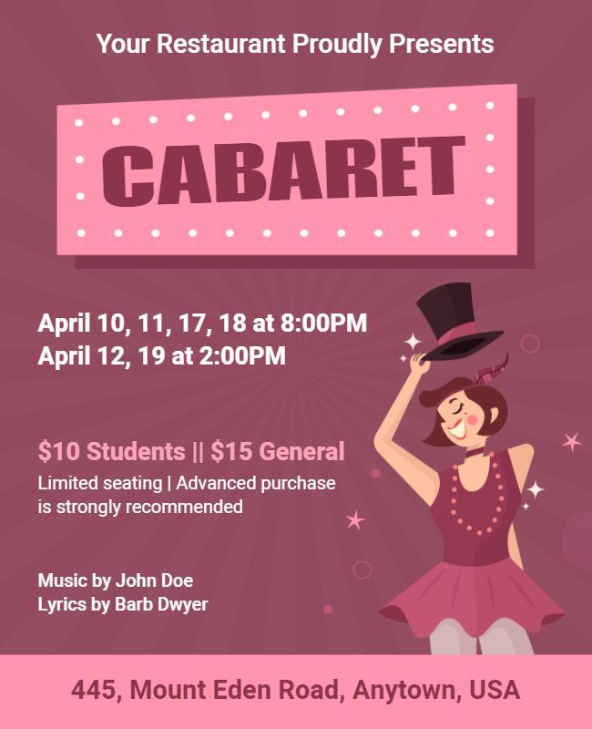 Whimsical Pink Cabaret Show Dining Experience Poster Template