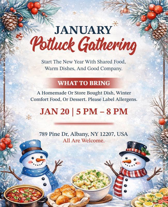Winter January Potluck Gathering Invitation Flyer Template
