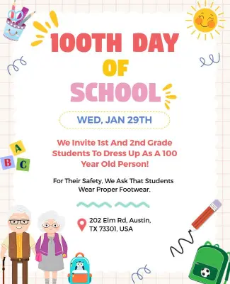 Printable 100th Day of School Flyer Templates for Celebrations