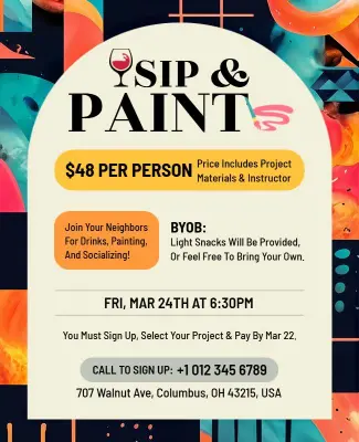 Customizable Sip and Paint Flyer Templates for Parties & Socials